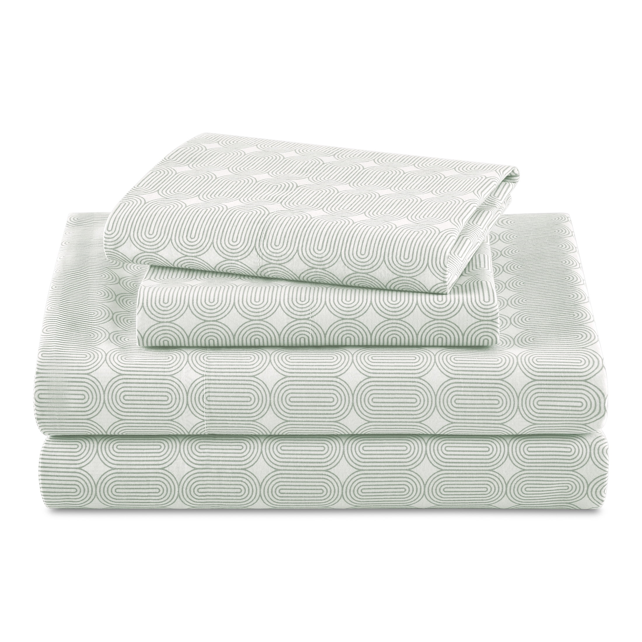 Beautiful Geometric 4-Piece 100% Cotton Washed Percale Sage Green Sheet ...