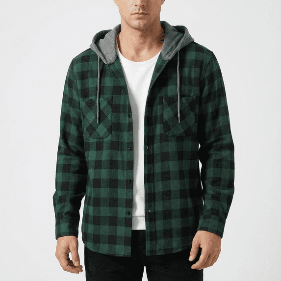 Beautiful Giant Men's Flannel Hoodie Jacket Casual Long Sleeve Button Down Plaid Shirt, Green ...