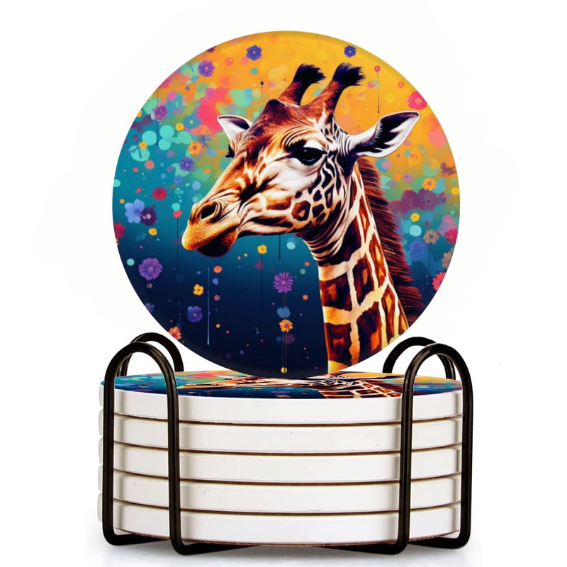 Beautiful Giraffe Portrait In Colorful Background With Wildflowers Set ...
