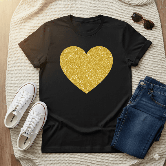 Beautiful Glamour Gold Glitter Sparkles Heart Lovely Shine Unisex T-Shirt V10774, up to size 5XL ...