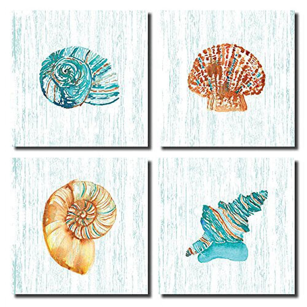 Beautiful Gold and Teal Watercolor Shells; Coastal Decor; Four 12x12 ...