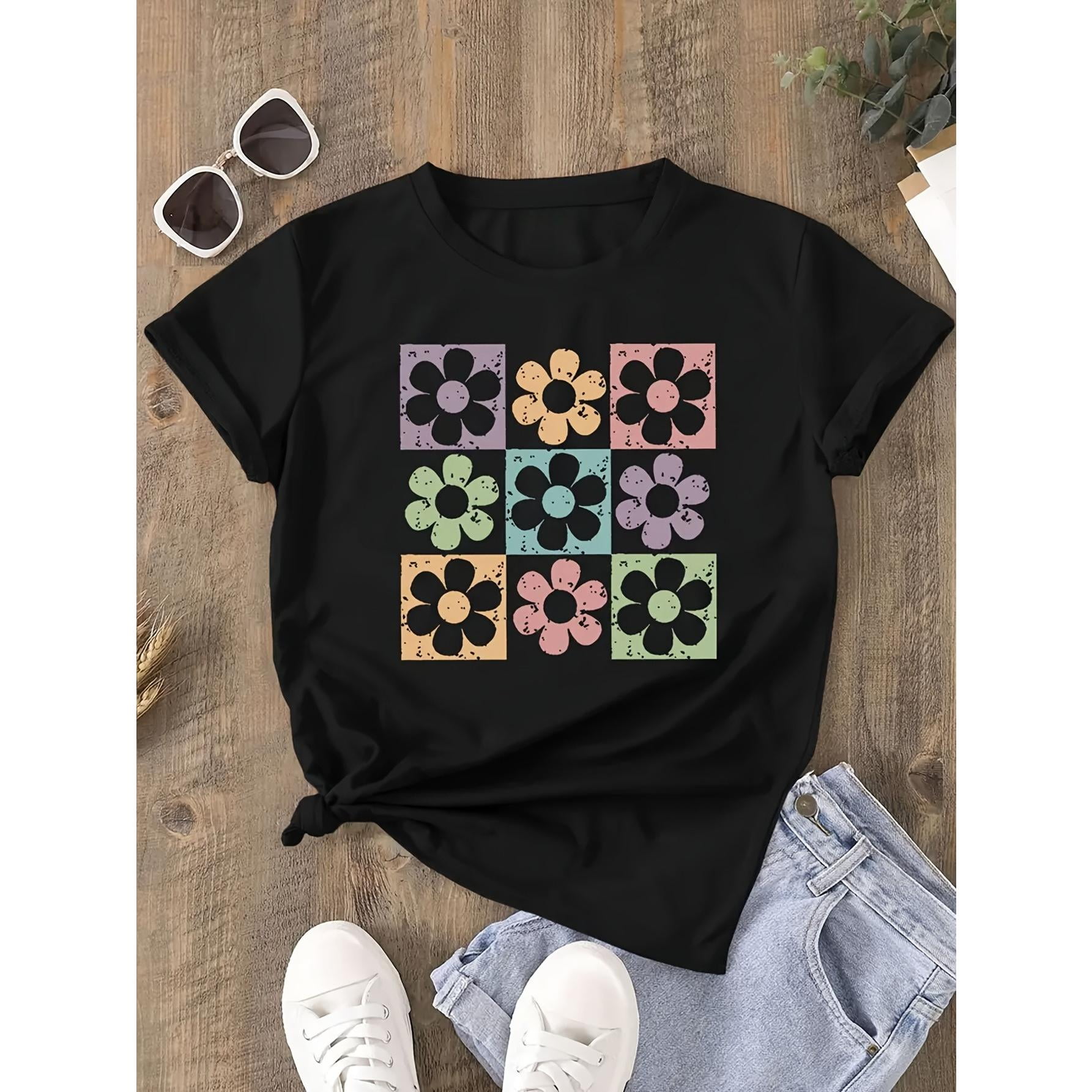 Beautiful Graphic Tee,Tops Has Floral Print Pattern,Round Neck Regular ...