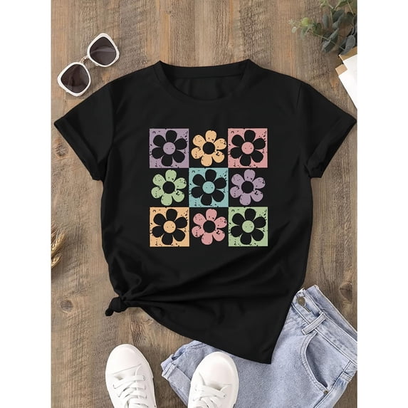 Beautiful Graphic Tee,Tops Has Floral Print Pattern,Round Neck Regular ...