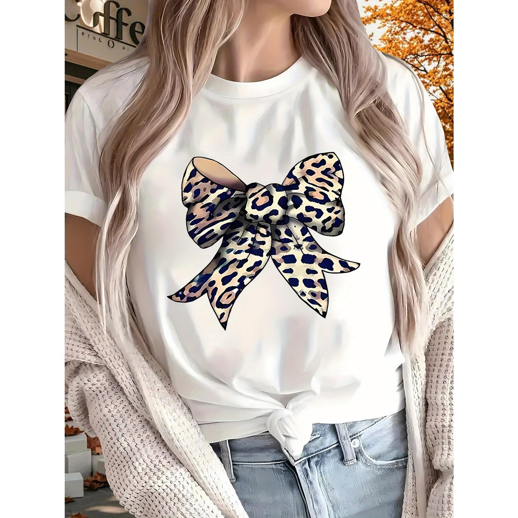 Beautiful Graphic Tee,Tops Has Leopard Print Bow Design,Round Neck ...