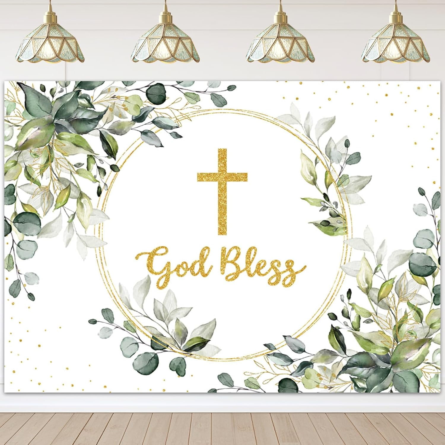 Beautiful Greenery Baptism Backdrop Green and Gold God Bless Background ...