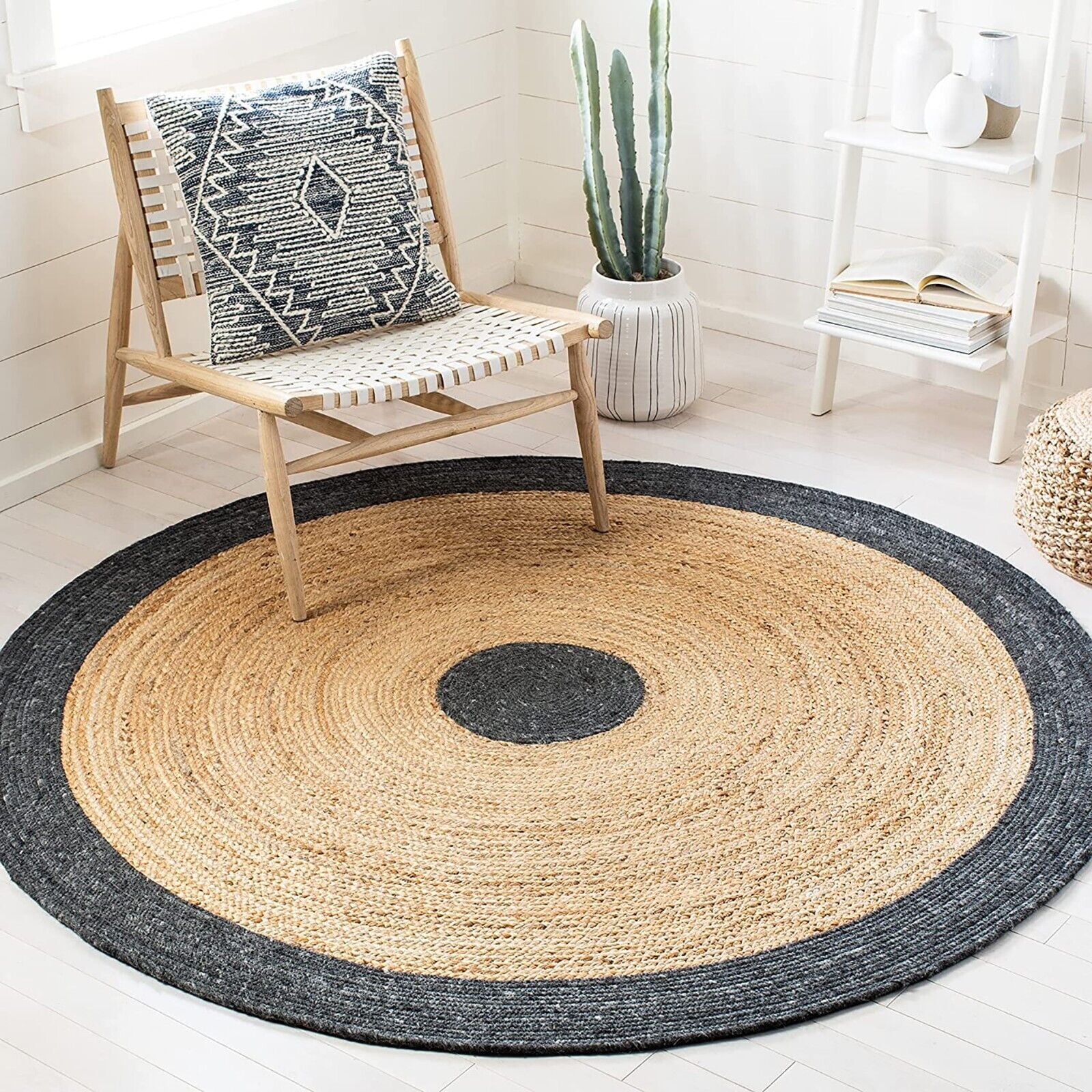 Beautiful Handmade Braided Natural Pure Jute with Black Design Round ...