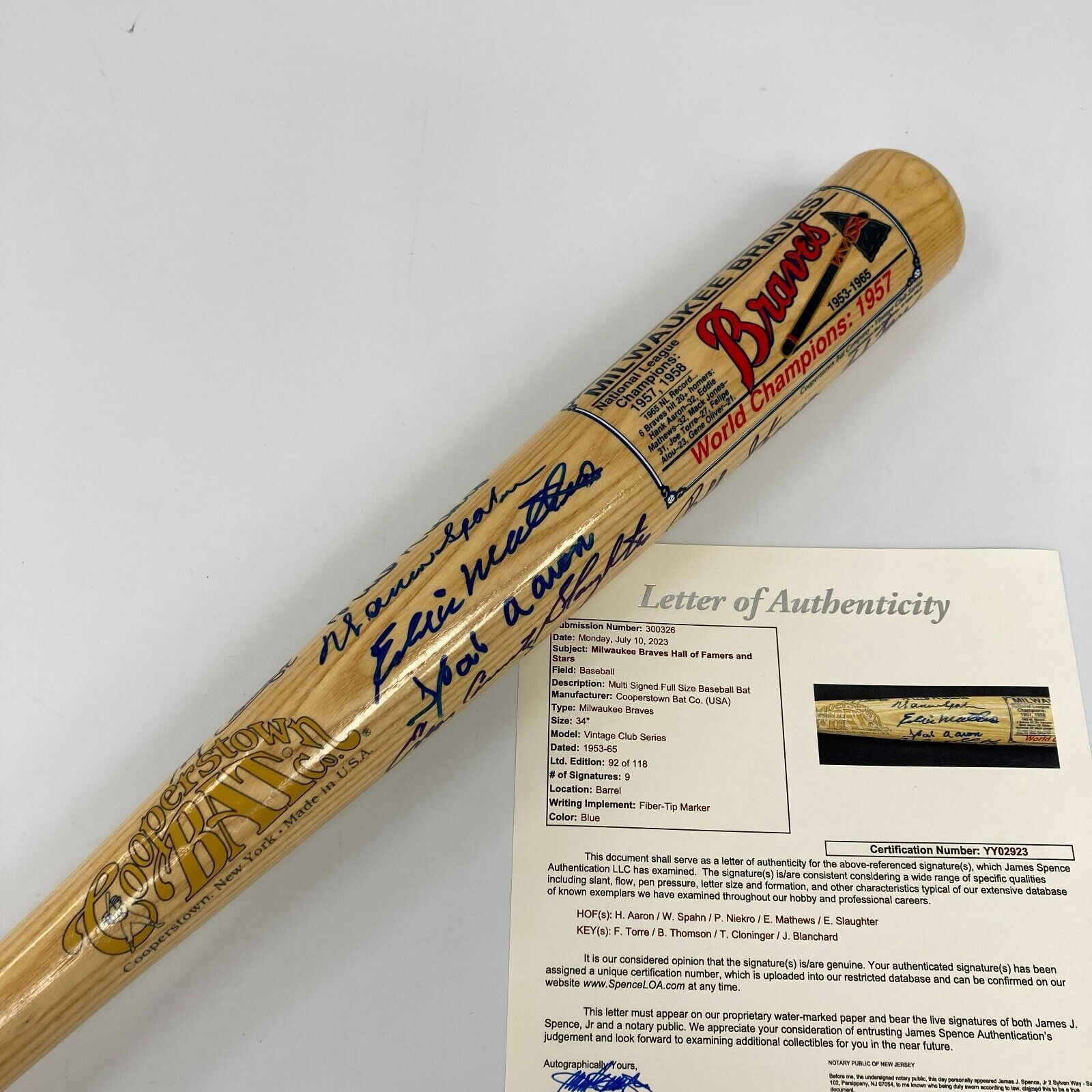 Beautiful Hank Aaron Milwaukee Braves Multi Signed Cooperstown Bat JSA ...