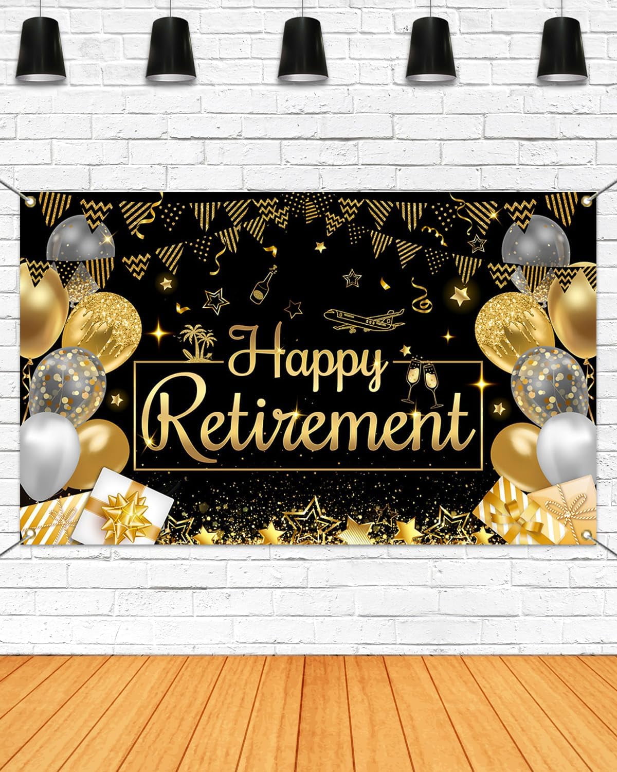 Beautiful Happy Retirement Backdrop Banner Extra Black Gold Retirement ...