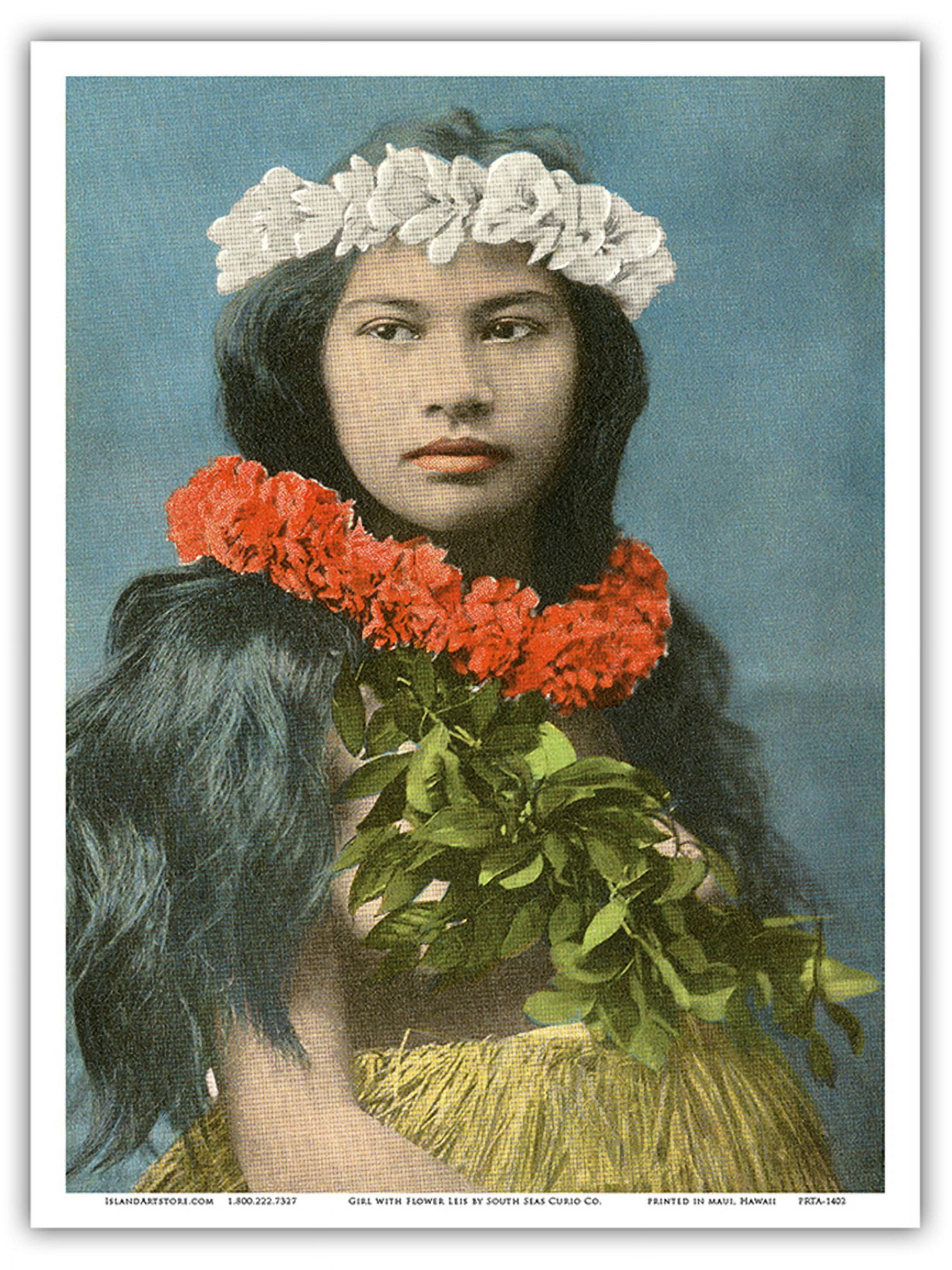 Beautiful Hawaiian Girl with Flower Leis - Vintage Hawaiian Hand ...