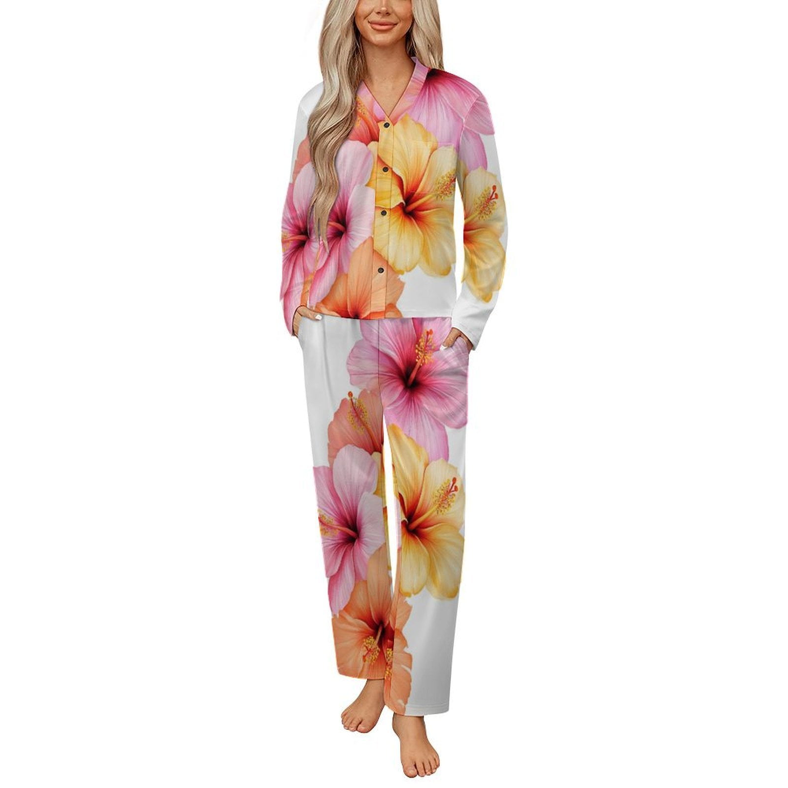 Beautiful Hibiscus Flower Cascade Womens Pyjamas Set Button Up Pyjamas ...