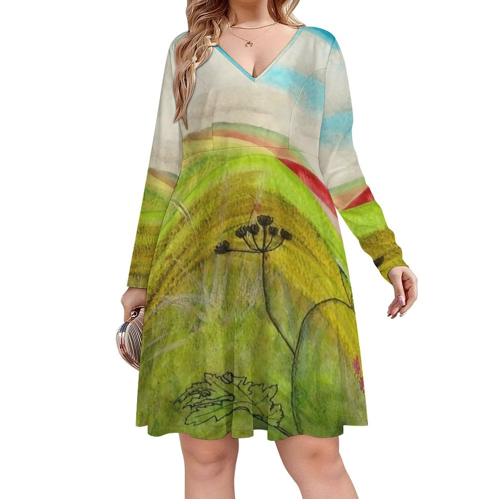Beautiful Hills And Sky Long Sleeve Dresses For Women Vintage Elegant Party Dress Oversized V ...