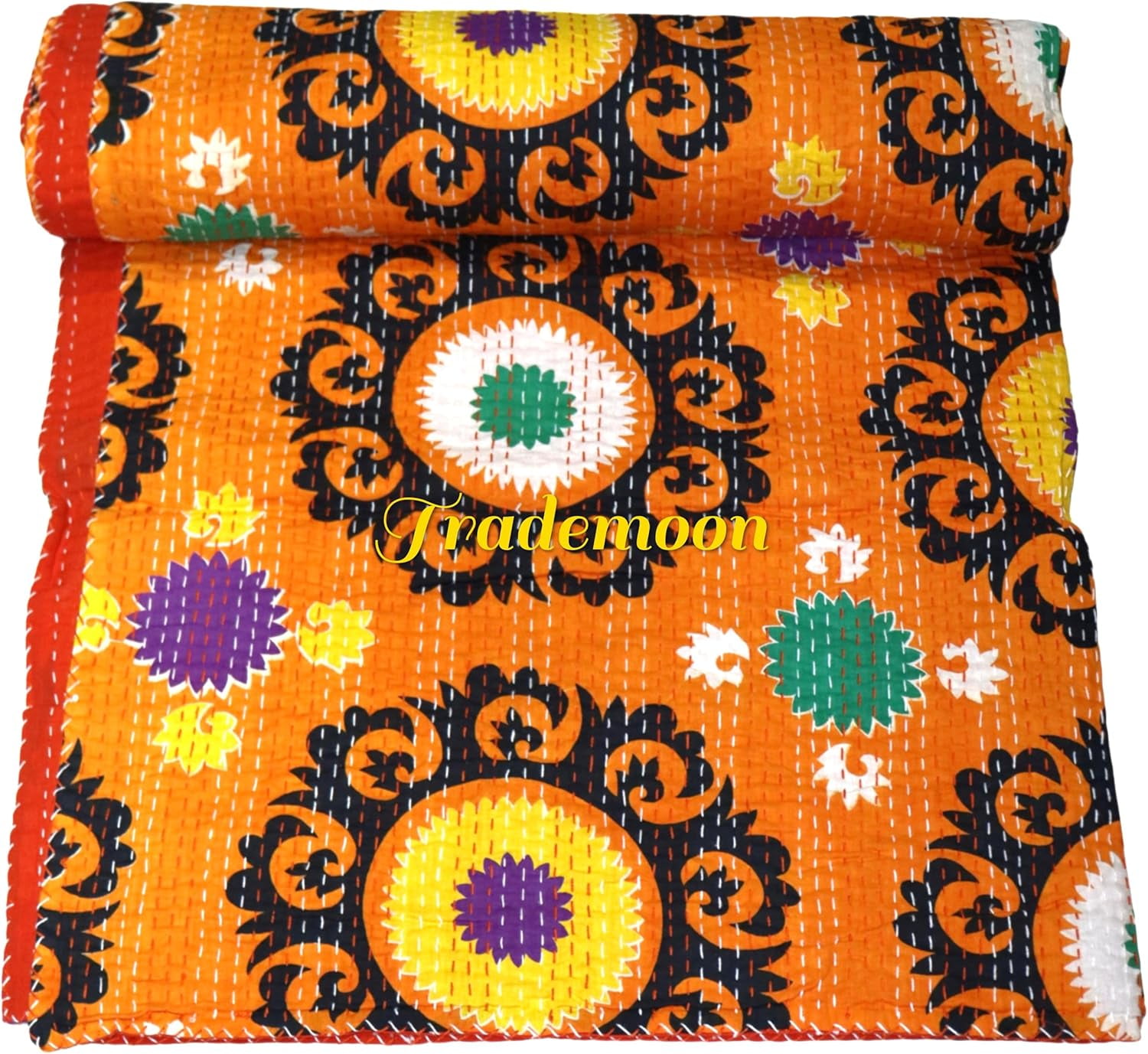 Beautiful Indian Handmade Cotton Kantha Quilt, Orange Floral Pattern ...