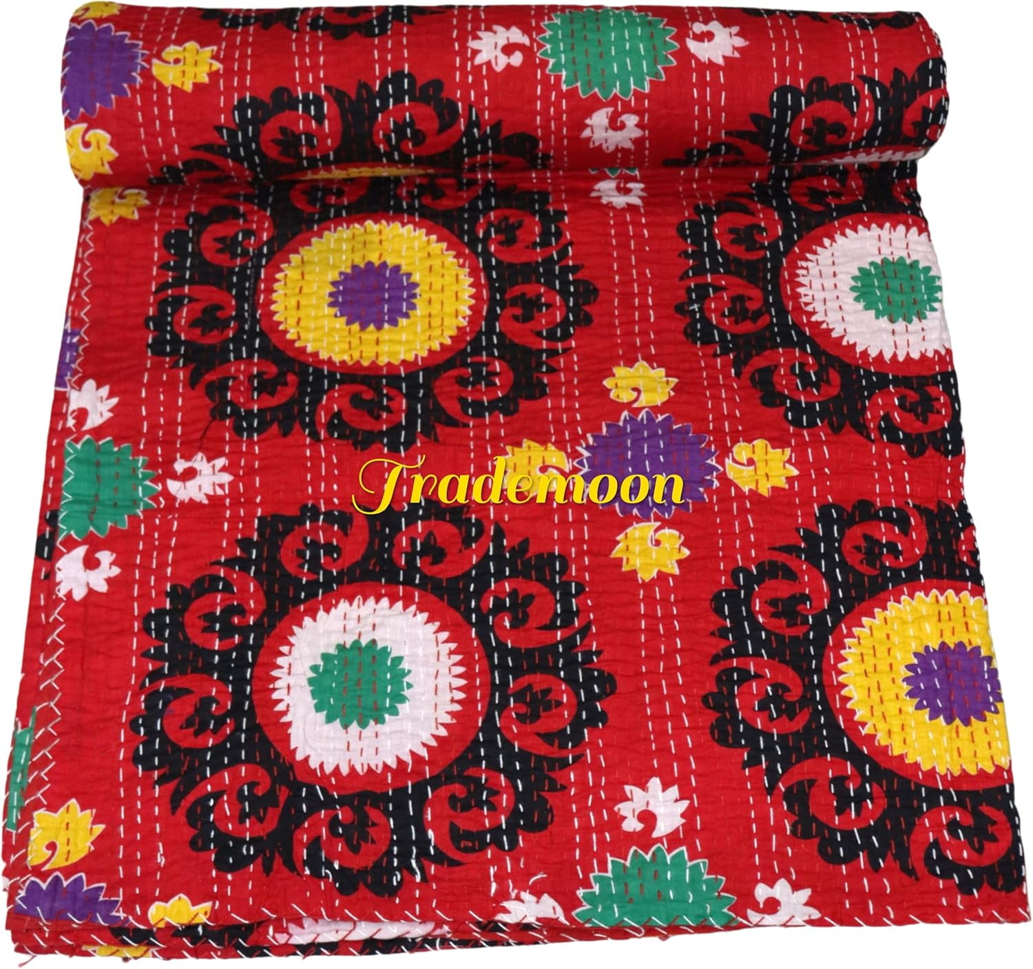 Beautiful Indian Handmade Kantha Quilt, Red Floral Pattern, Traditional ...