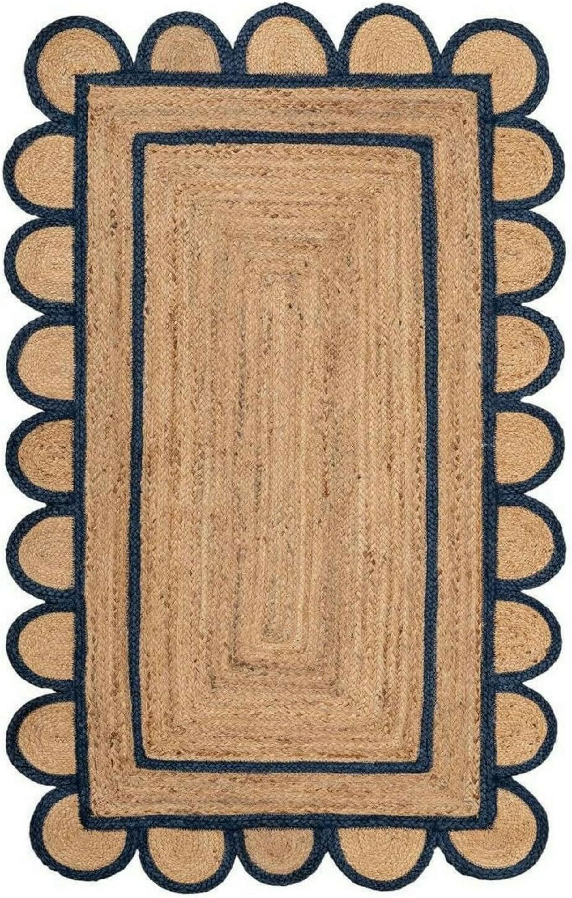 Beautiful Indian Handmade Natural Jute Scalloped rug, Blue Border Floor ...