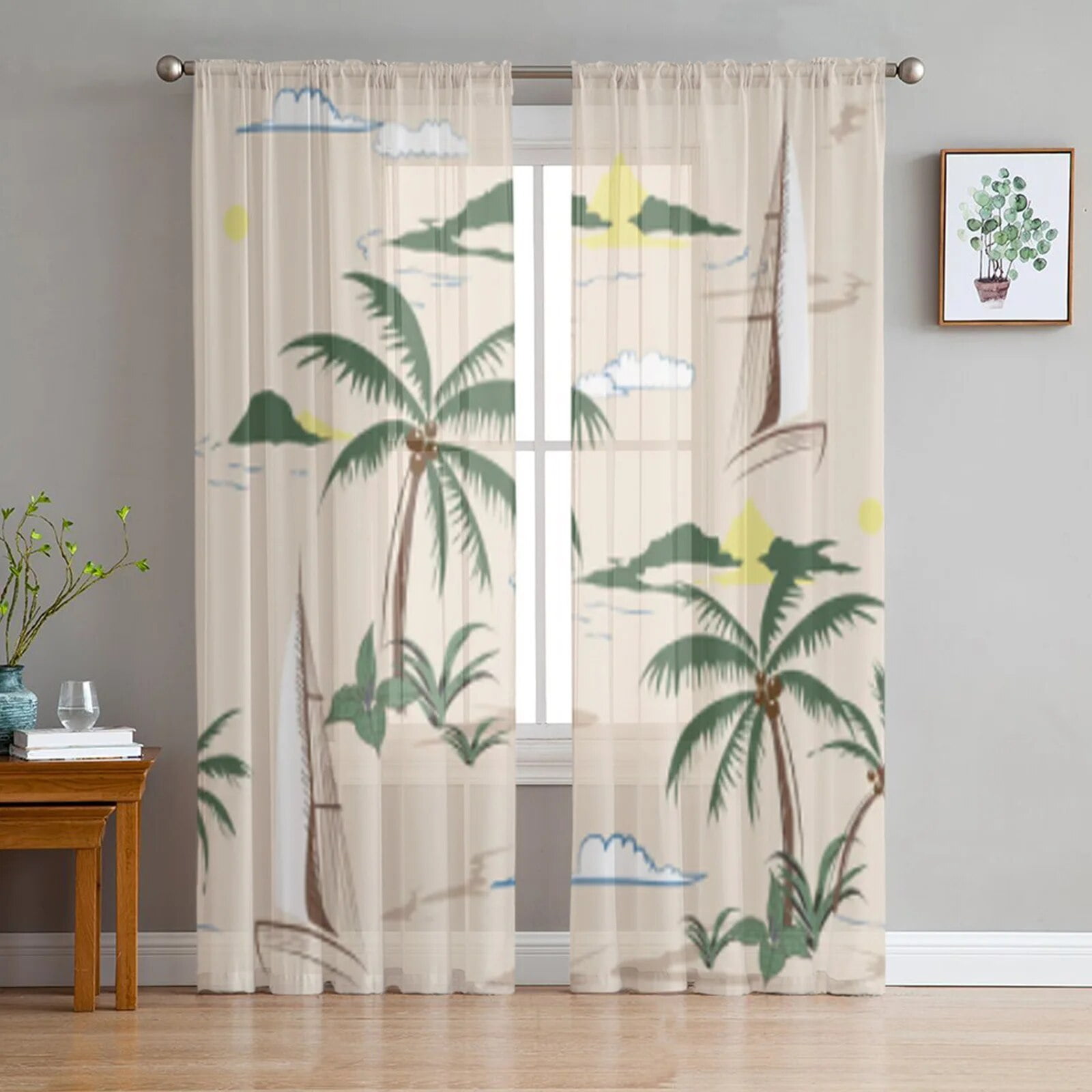 Beautiful Island Pattern Beige Background Sheer Curtains for Living Room Voile Tulle Curtain ...