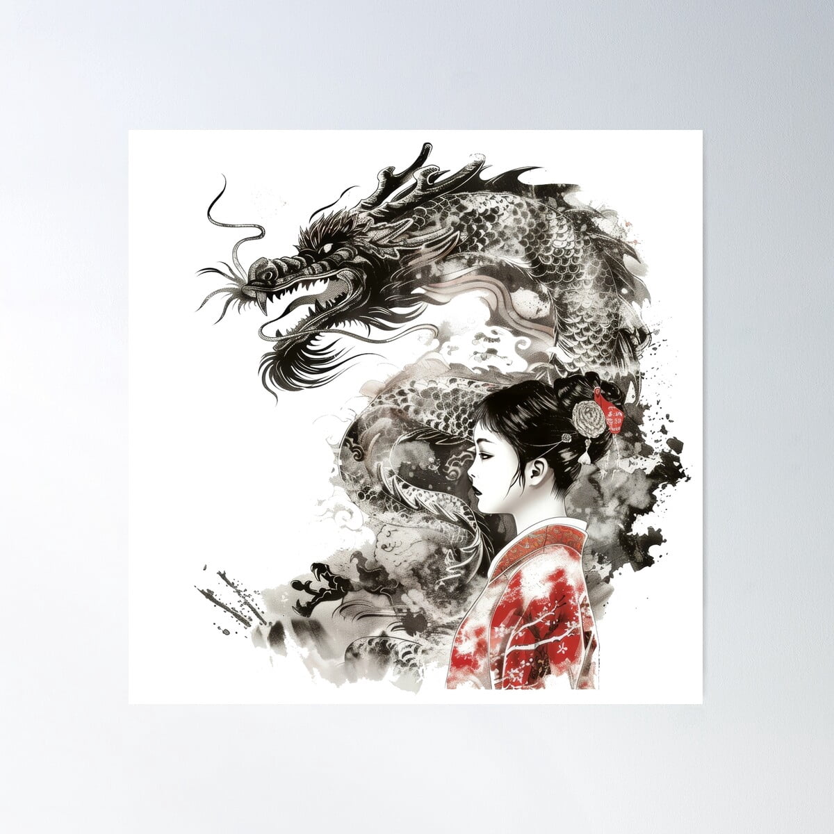 Beautiful Japanese Geisha Girl And Her Dragon. Tattoo Style Art Poster ...