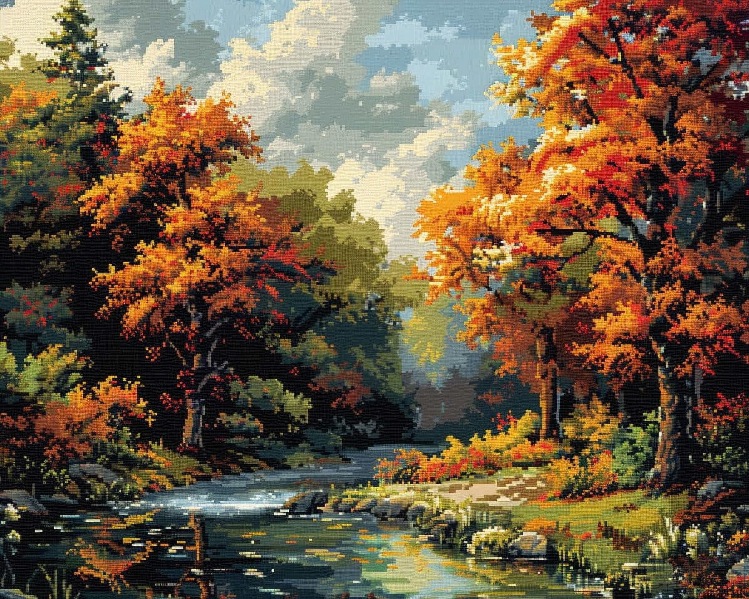 Beautiful Landscape Autumn Trees and River DIY 11CT Stamped Cross ...