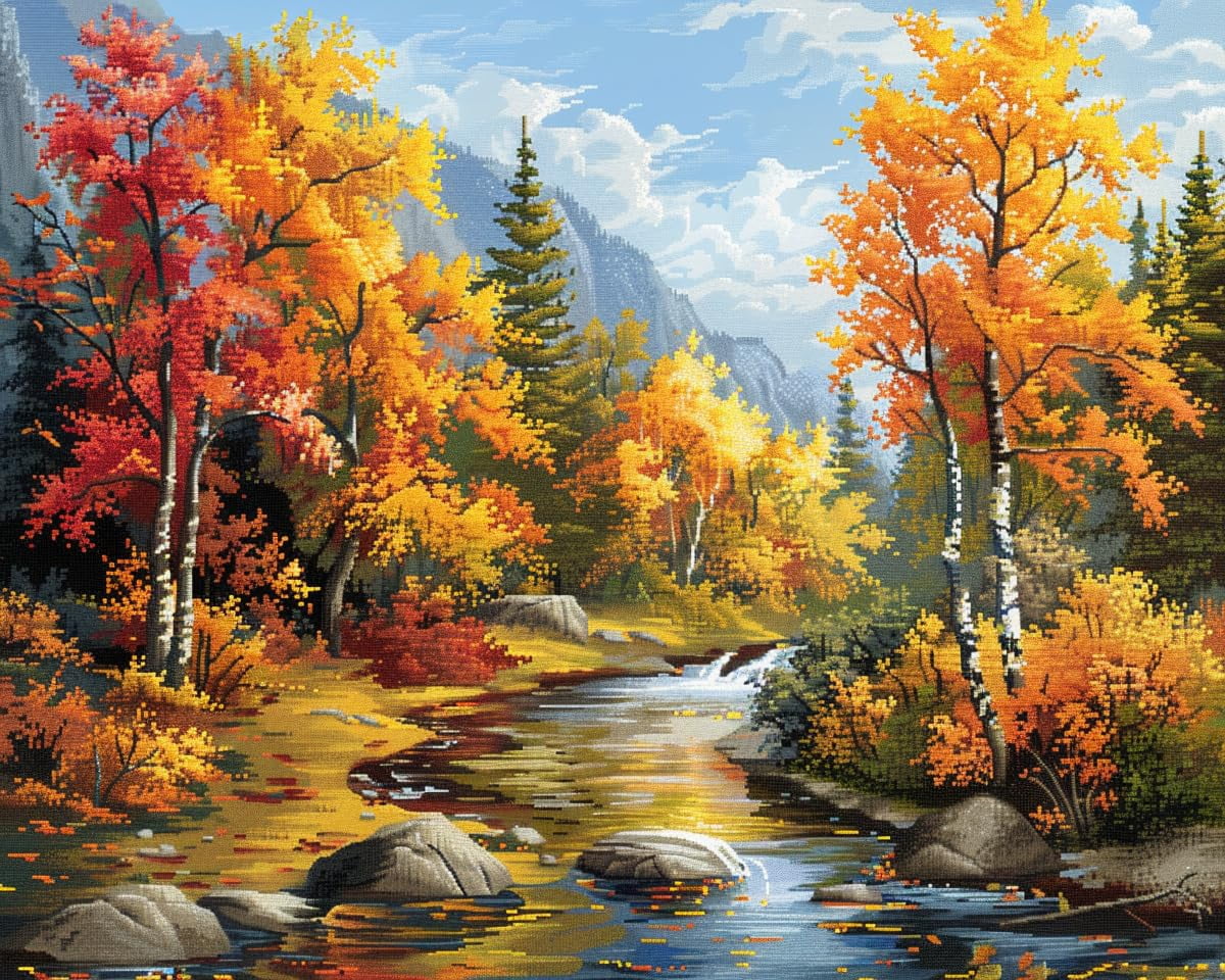 Beautiful Landscape Autumn Trees and River DIY 11CT Stamped Cross ...