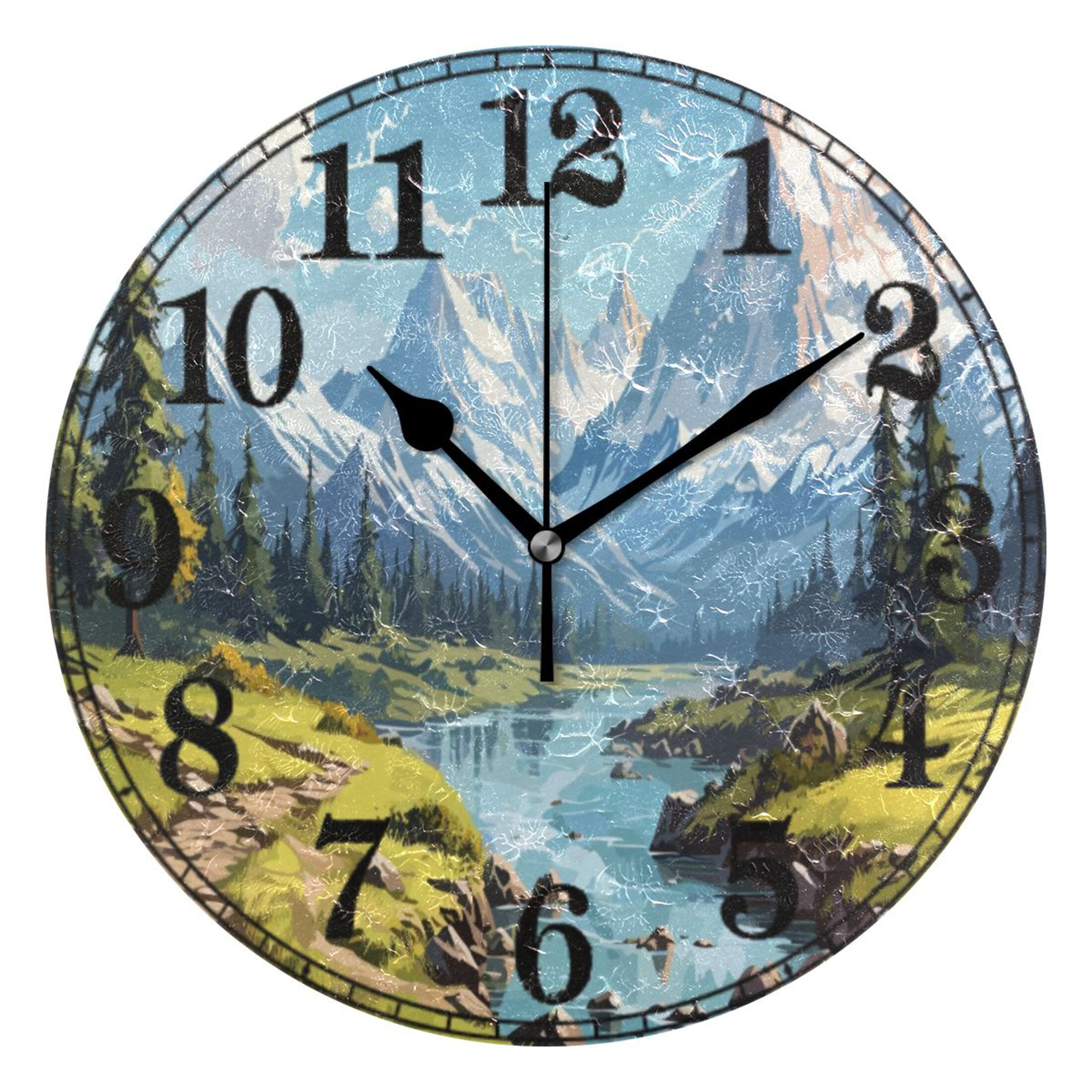 Beautiful Landscape River Mountain 10" Silent Wall Clock Non-Ticking ...