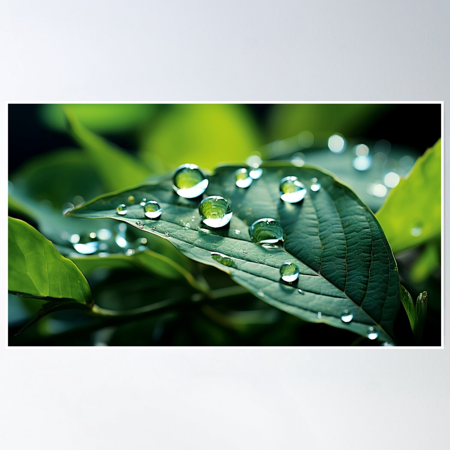 Beautiful Large Drops Of Transparent Rainwater On A Green Leaf Macro ...