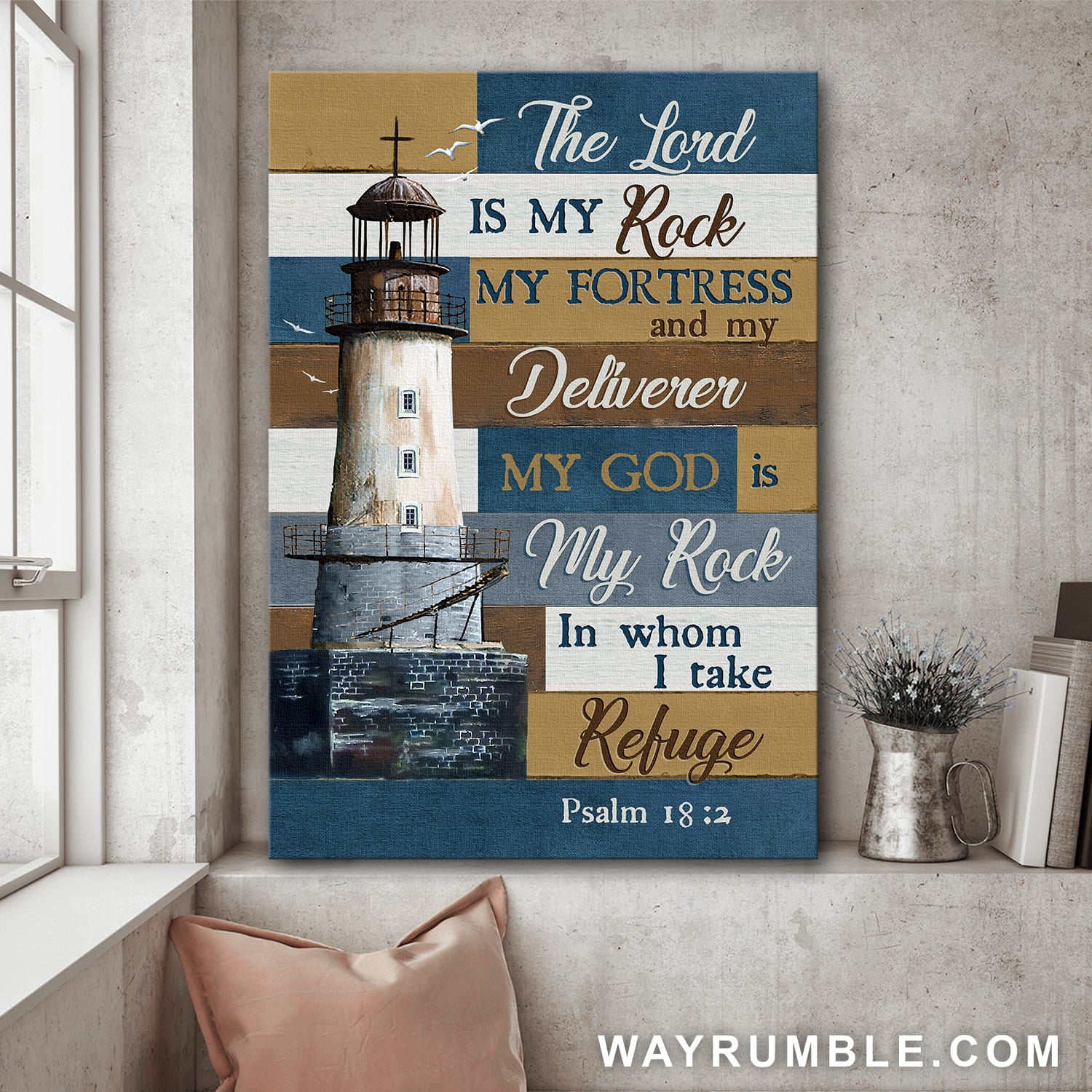 Beautiful Lighthouse, Wood Cross, The Lord Is My Rock - Jesus Portrait ...
