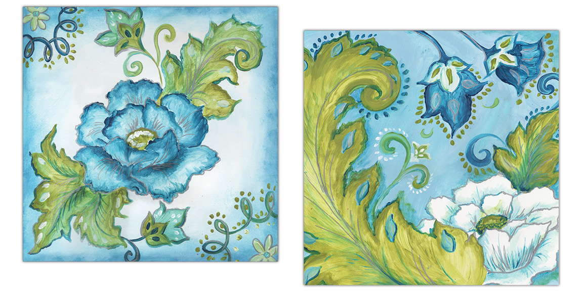 Beautiful Lime Green, Blue and White Floral Patterned Print Set by Tre ...