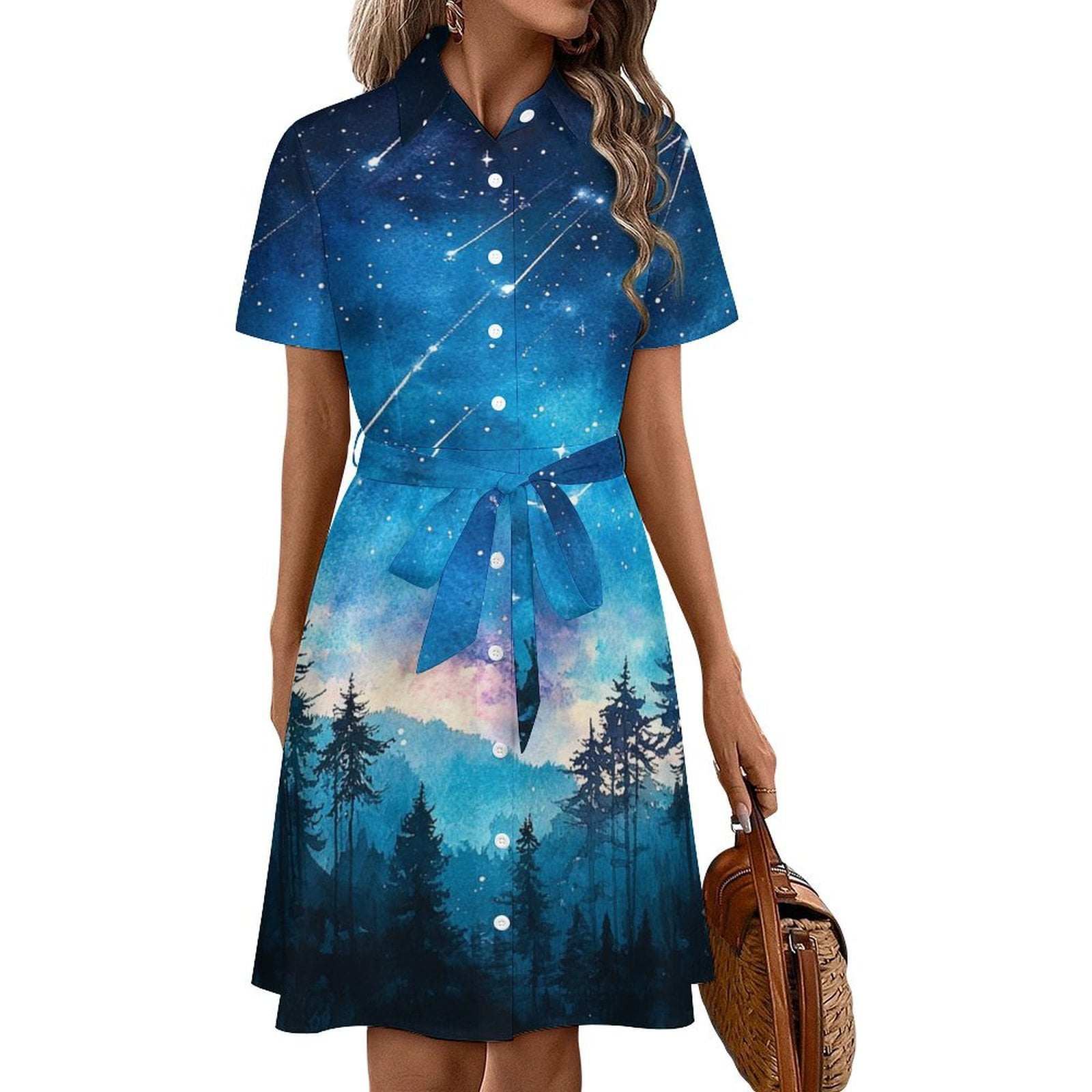 Beautiful Meteor Shower Womens Shirt Dresses Women'S Short Sleeve Dress Turn-Down Collar Dress A ...