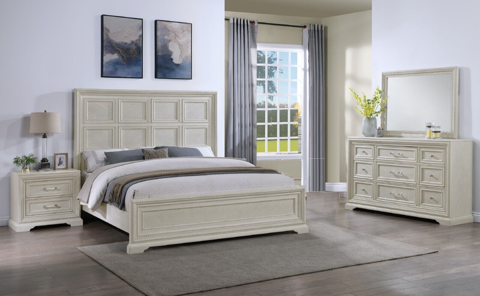 Beautiful Modern Aesthetics 4Pc White Cream Finish Bedroom Furniture Queen Size Panel Bed Set ...