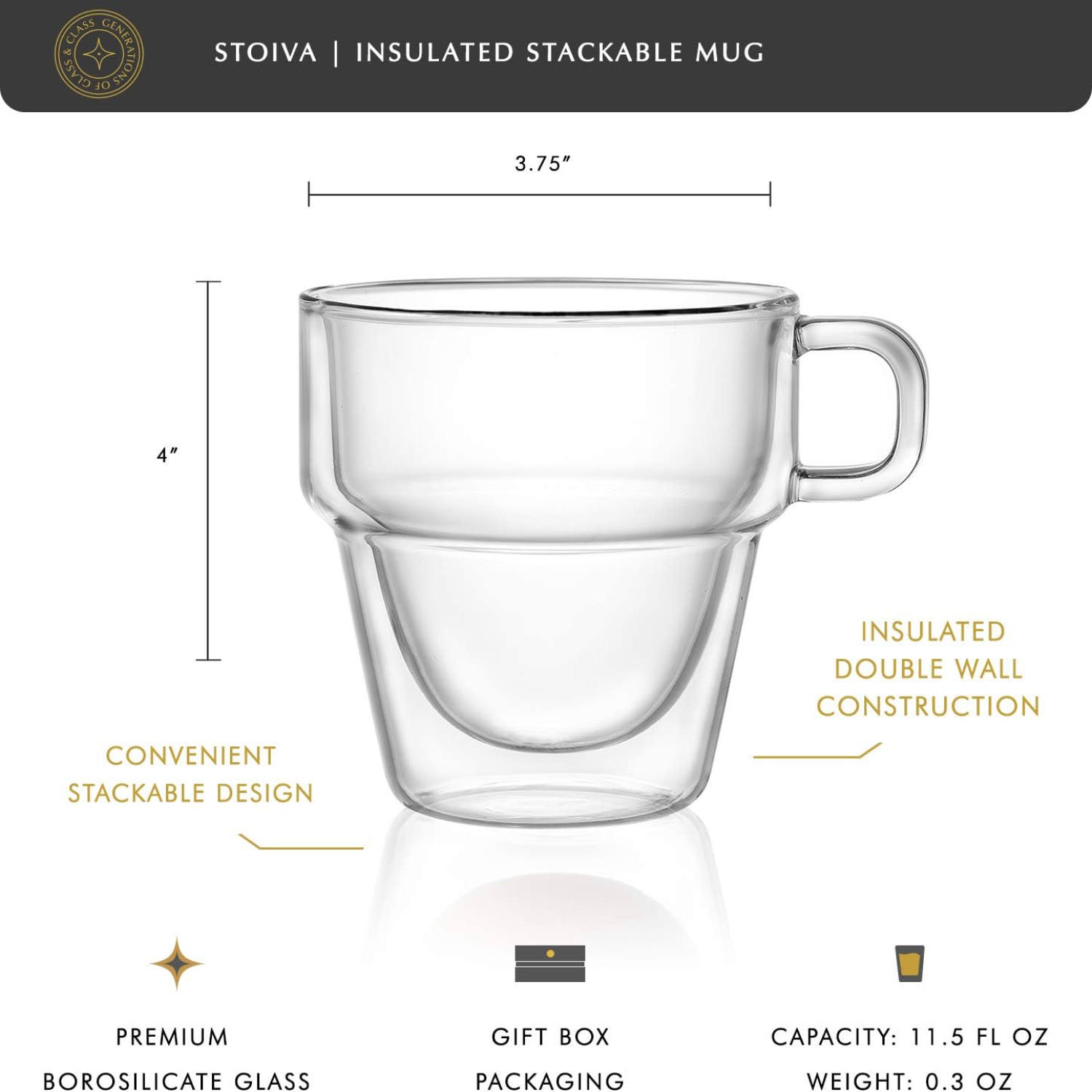 Set of 4 Modern Stackable Stoiva Double Wall Insulated Coffee Mugs ...