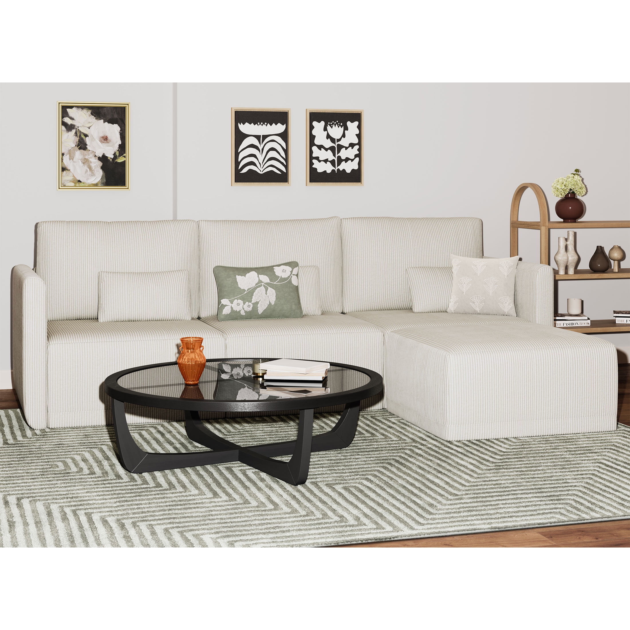 Beautiful Drew Modular Sectional Sofa with Ottoman by Drew Barrymore Vanilla Cord