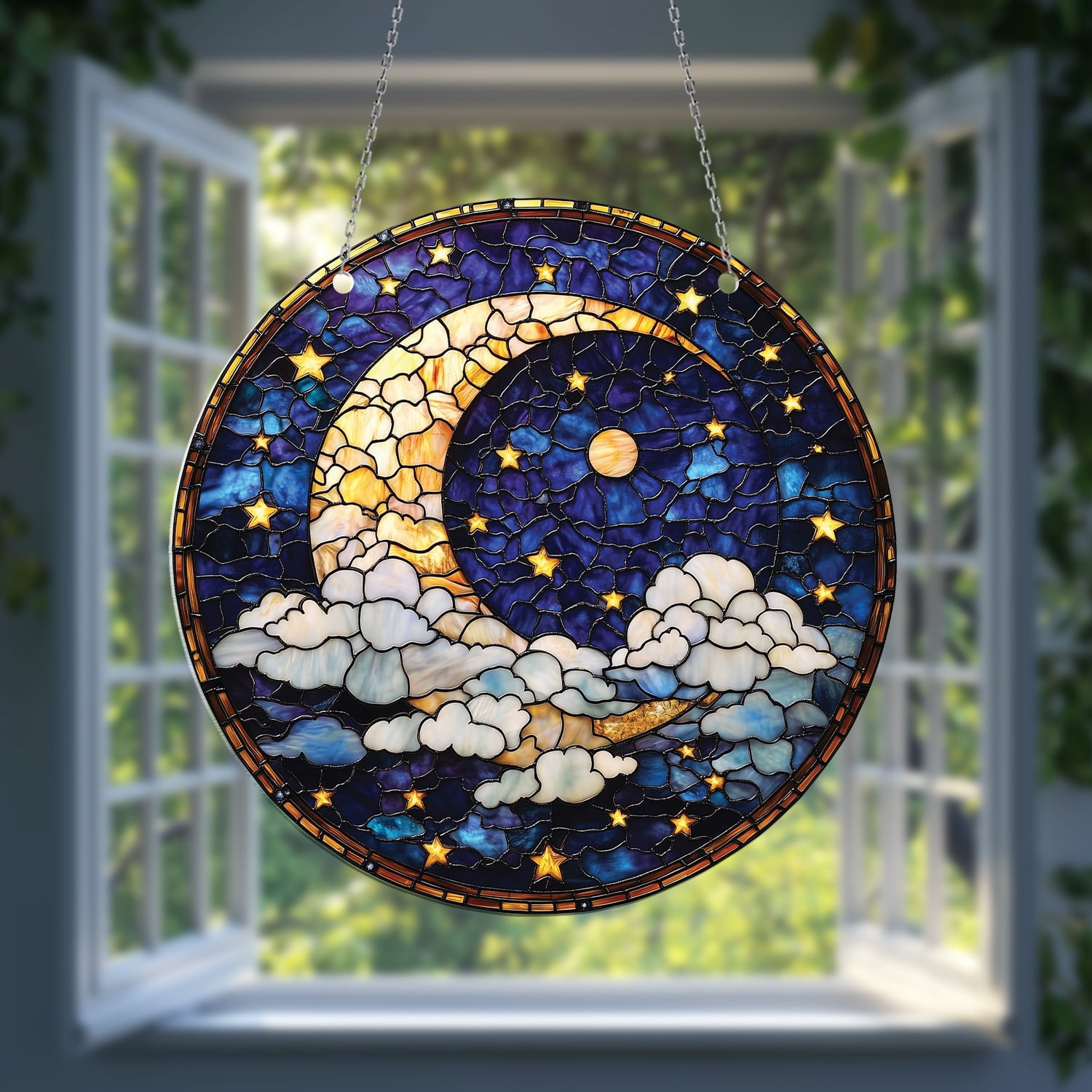 Beautiful Moon and Stars Stained Glass Hanging, Celestial Art, Cloud ...