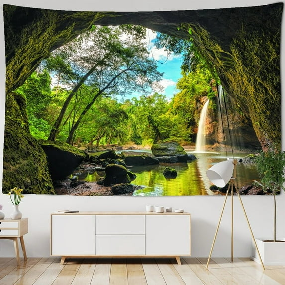 Beautiful Natural Forest Waterfall Printed large Wall Tapestry Sea View ...