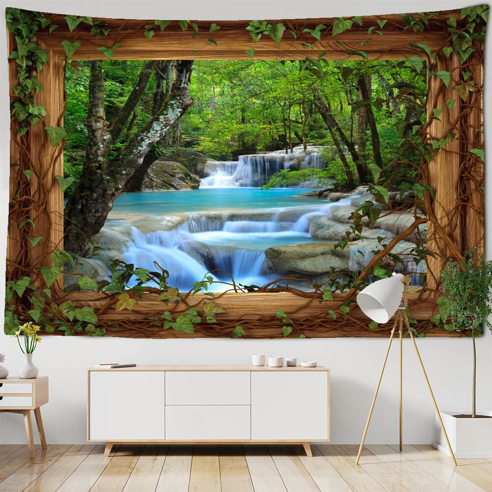 Beautiful Natural Forest Waterfall Printed large Wall Tapestry Sea View ...