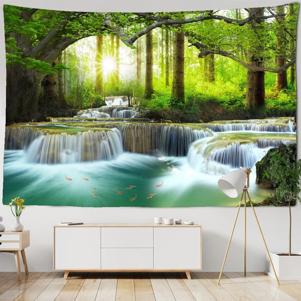 Beautiful Natural Forest Waterfall Printed large Wall Tapestry Sea View ...