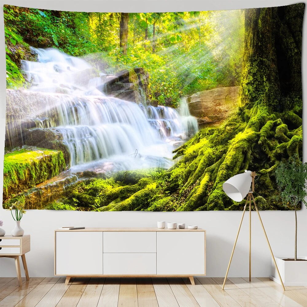 Beautiful Natural Forest Waterfall Printed large Wall Tapestry Sea View ...