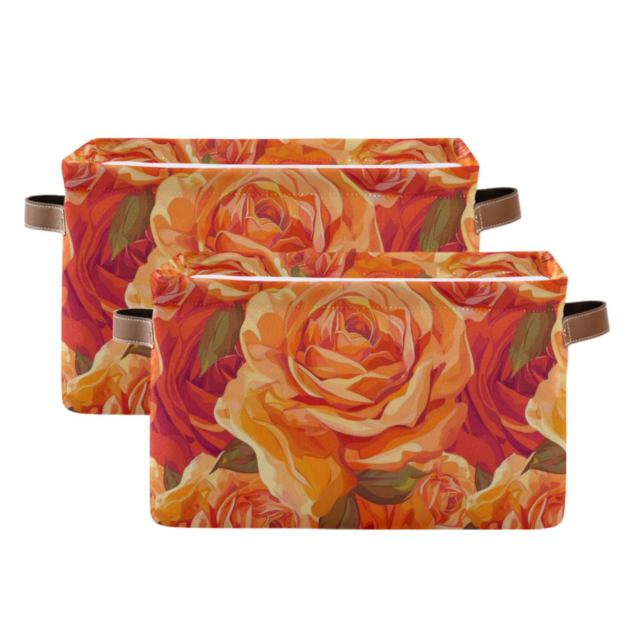 Beautiful Orange Rose Storage Bins with Handle Fabric Organizer Basket ...