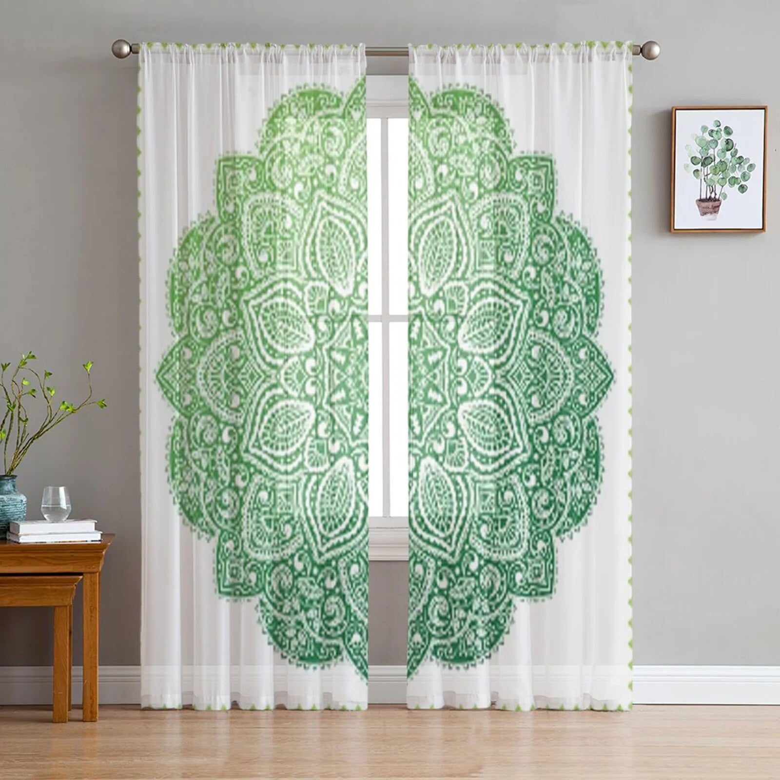 Beautiful Ornament Mandala Circle Green Sheer Curtains for Living Room ...