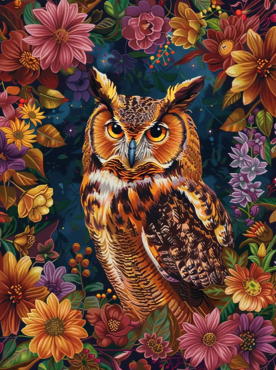 Beautiful Owl with Colorful Flowers Background DIY 11CT Stamped Cross Stitch Kits for Beginners ...
