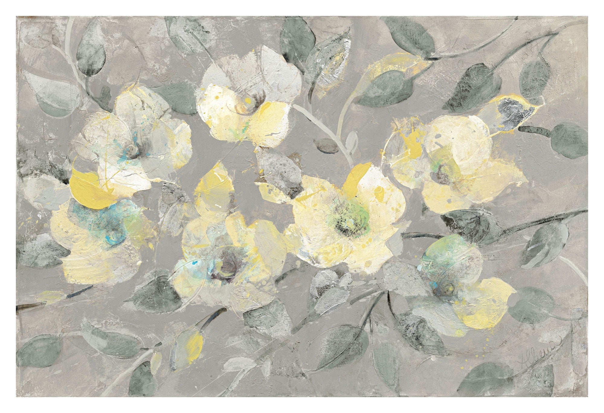 Beautiful Painterly Yellow and Grey-Taupe Blooming Abstra Flower Print ...