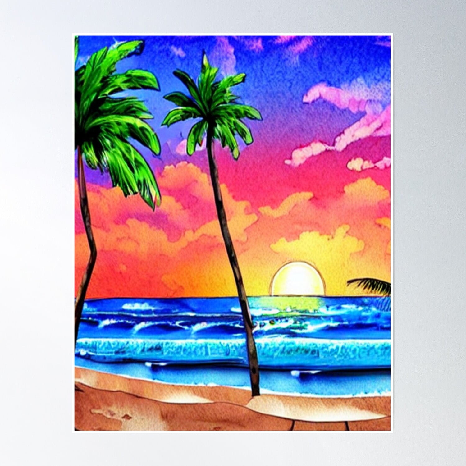 Beautiful Painting Of Sunrise At Beach With Palm Trees Poster Wall Art ...