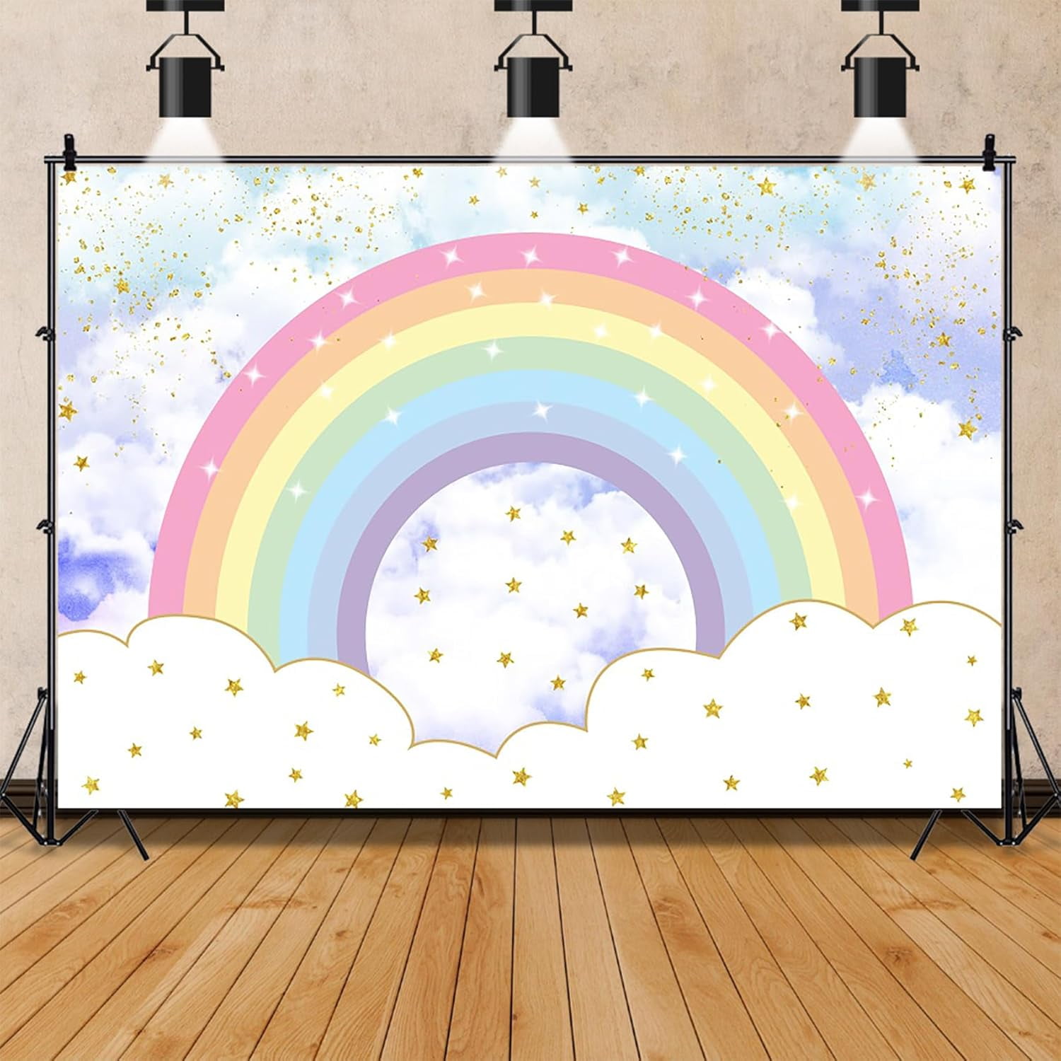 Beautiful Pastel Rainbow Backdrop Gold Glitter Stars Dots Sky White ...