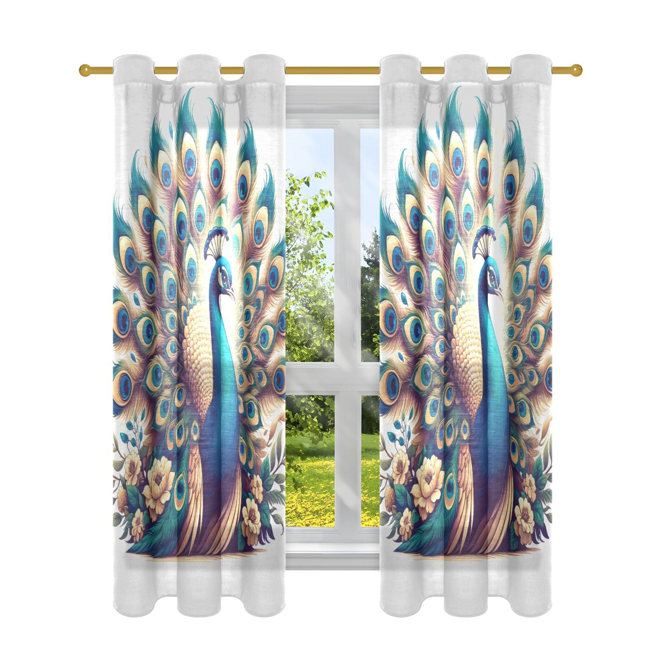 Beautiful Peacock Sheer Curtains 2 Panels Set Grommet Drapes for ...