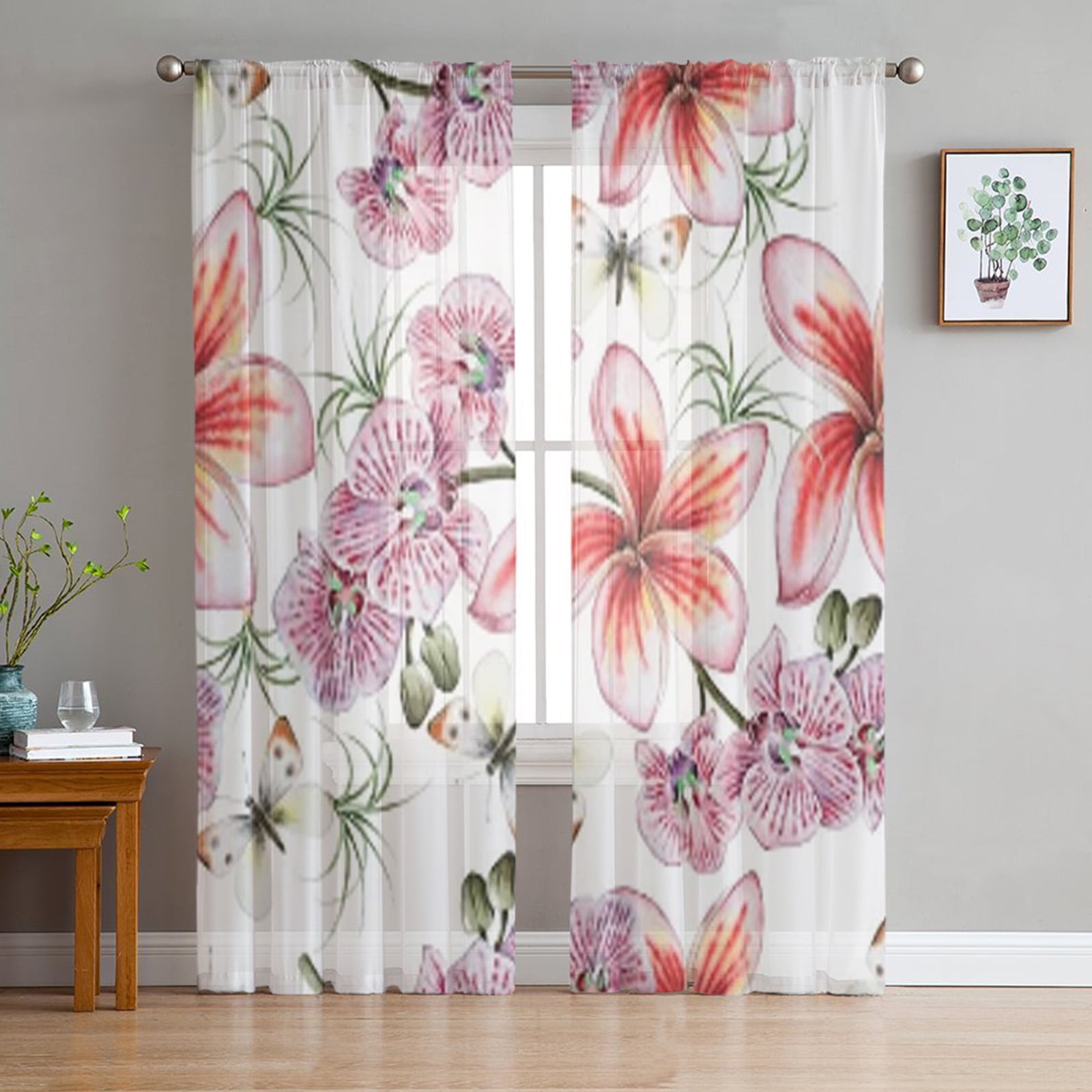 Beautiful Pink Flowers Tulle Sheer Window Curtains for Living Room the ...
