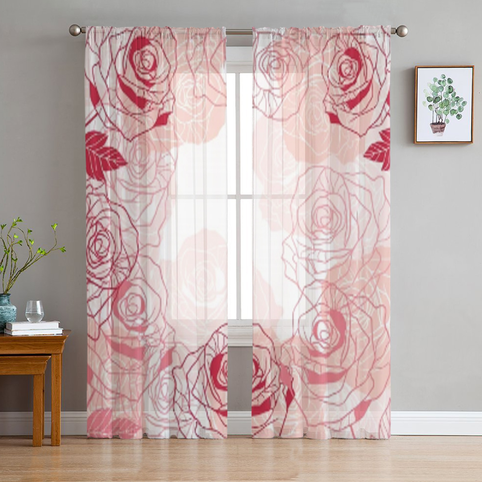 Beautiful Pink Flowers Tulle Sheer Window Curtains for Living Room the ...