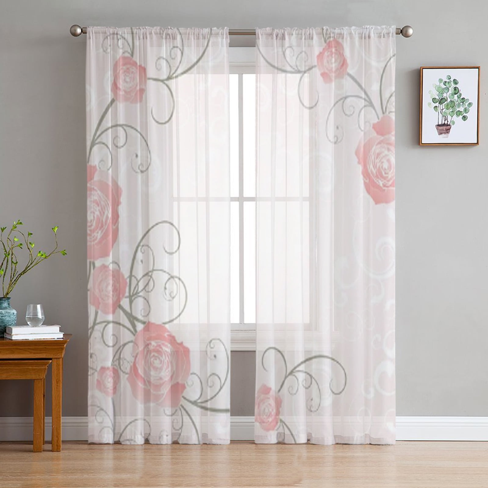 Beautiful Pink Flowers Tulle Sheer Window Curtains for Living Room the ...