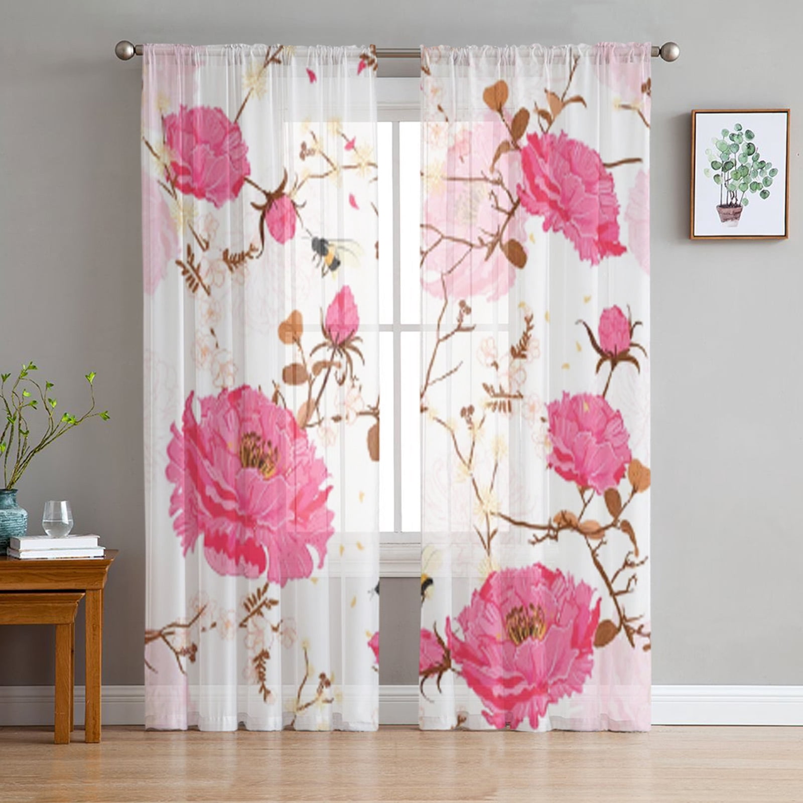 Beautiful Pink Flowers Tulle Sheer Window Curtains for Living Room the ...