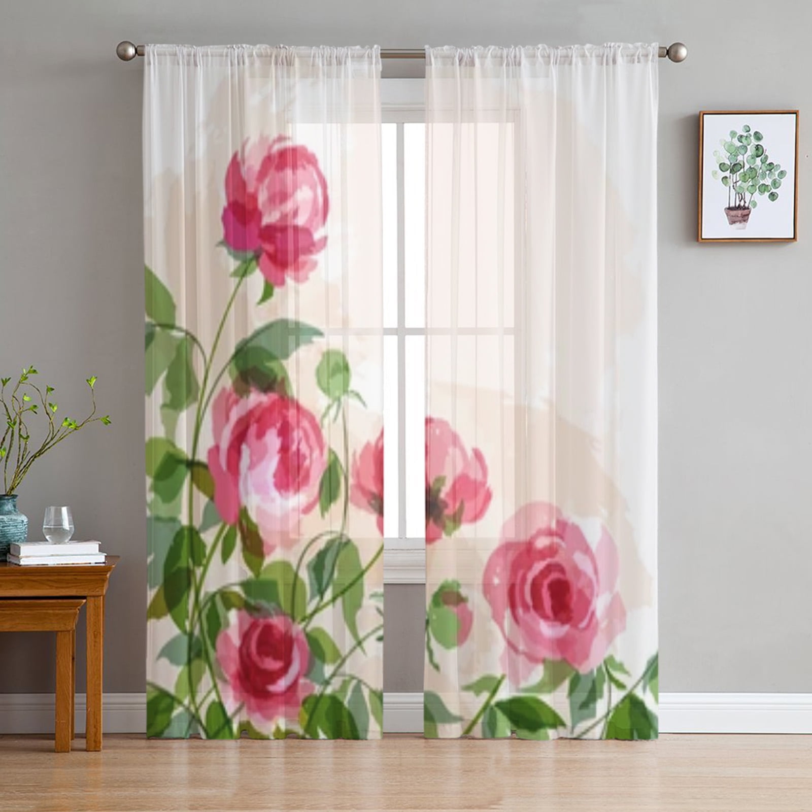 Beautiful Pink Flowers Tulle Sheer Window Curtains for Living Room the ...