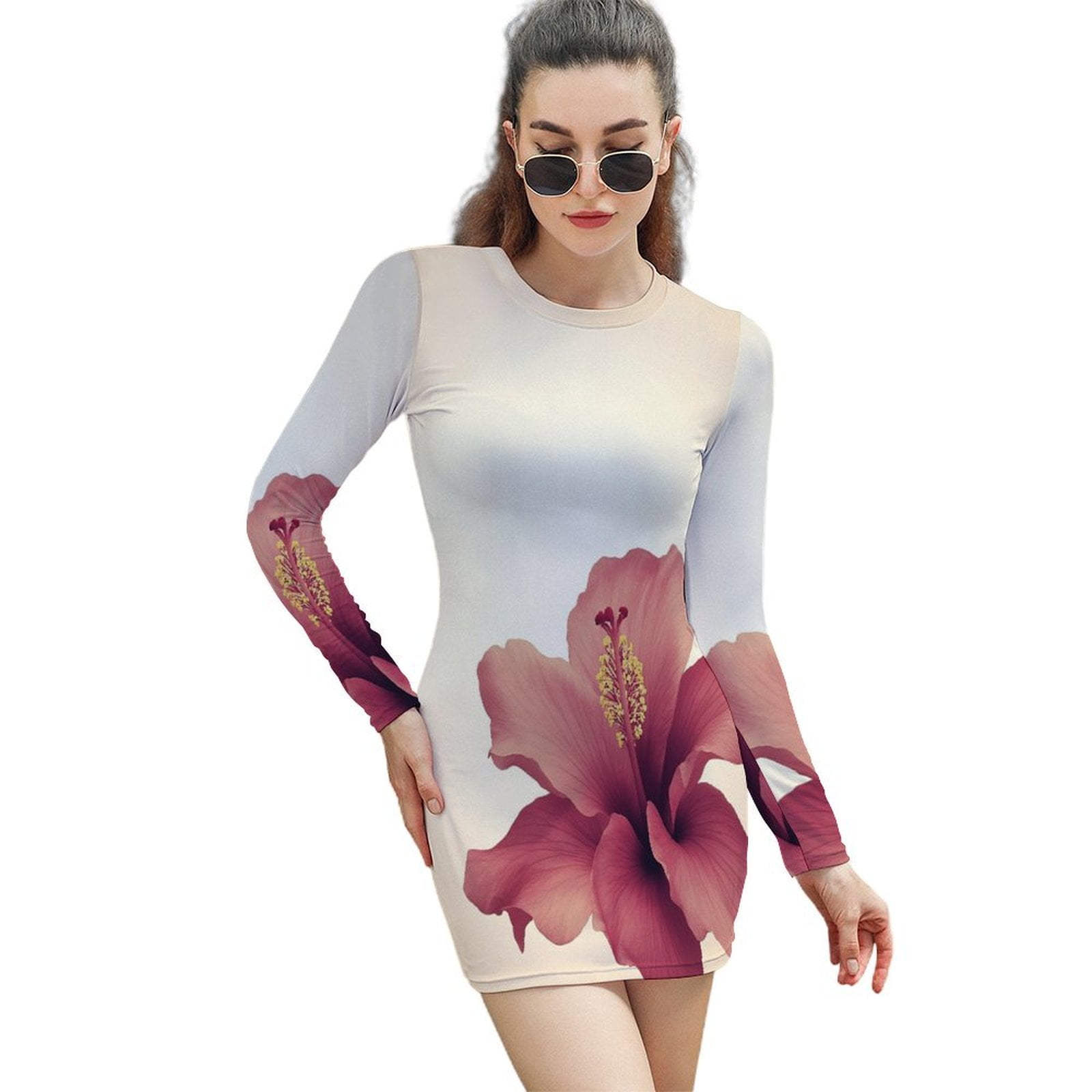Beautiful Pink Hibiscus Flower Bloom Women's Long Sleeve Bodycon Dress Soft Stretchy For ...