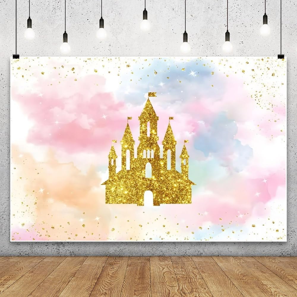 Beautiful Princess Castle Birthday Backdrop Watercolor Pastel Rainbow ...
