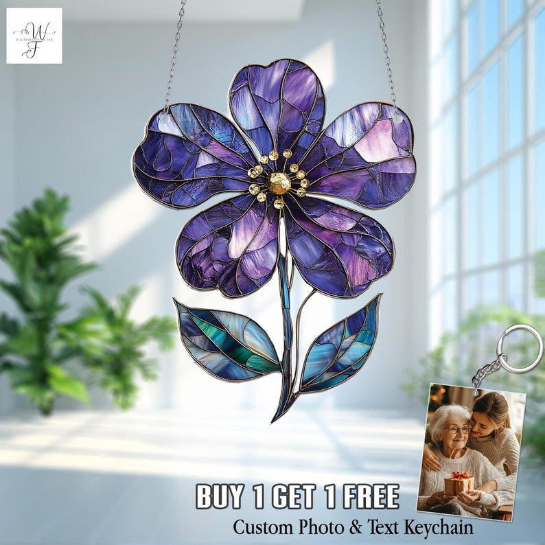 Beautiful Purple Flower Acrylic Window Hanging, Elegant Stained Glass ...